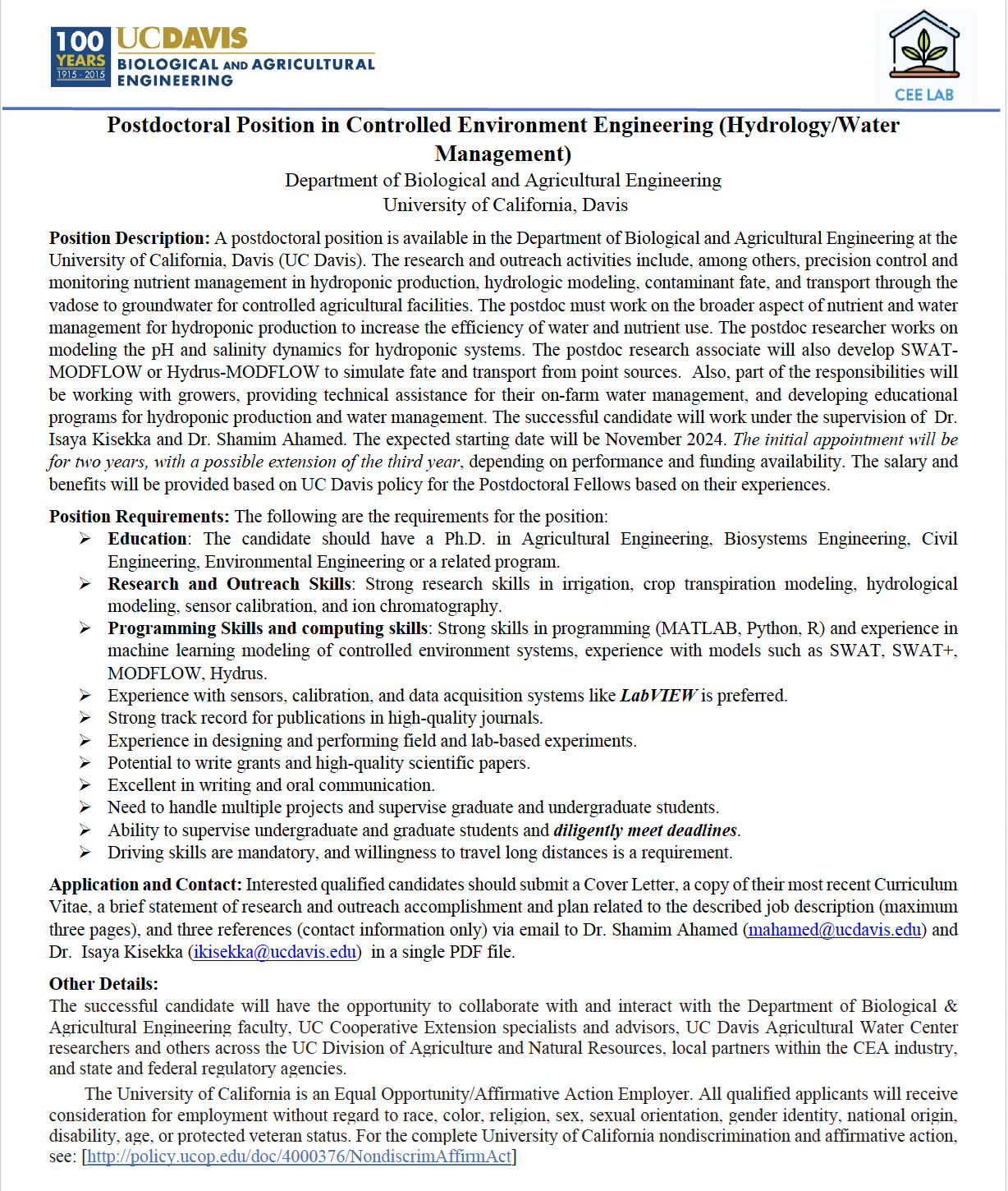 Research Opportunities | Controlled Environment Engineering (CEE) Lab